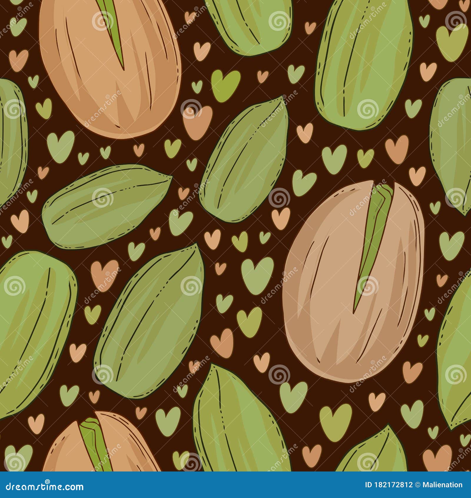 Pistachios Seamless Pattern with Cute Hearts. Tasty Vector Nuts Print ...