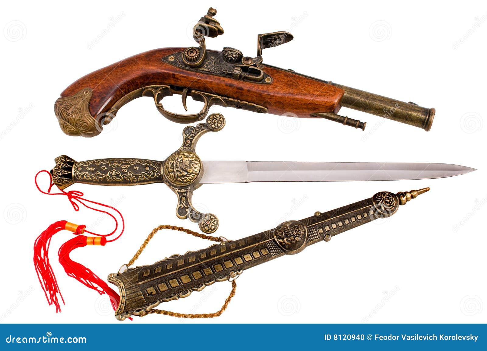 Pistol and dagger. stock photo. Image of dagger, white - 8120940