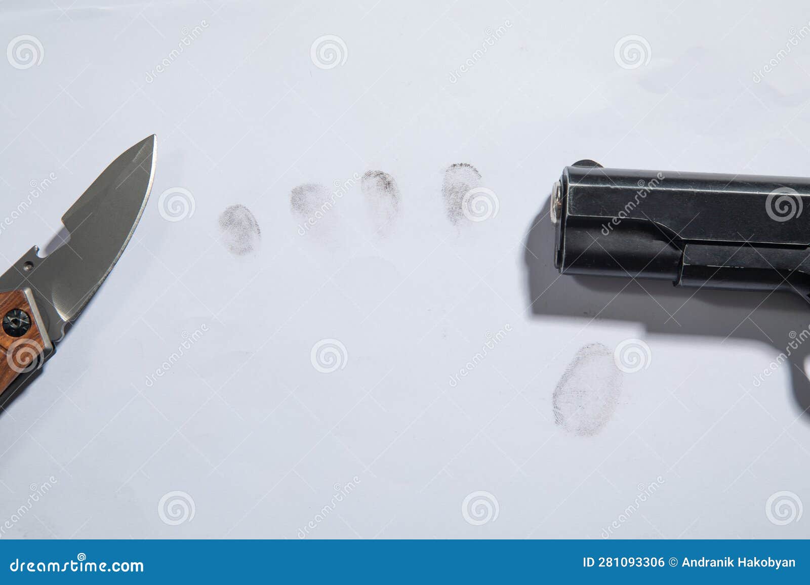 Pistol and Knife on Fingerprints ID for Criminal Stock Photo - Image of ...