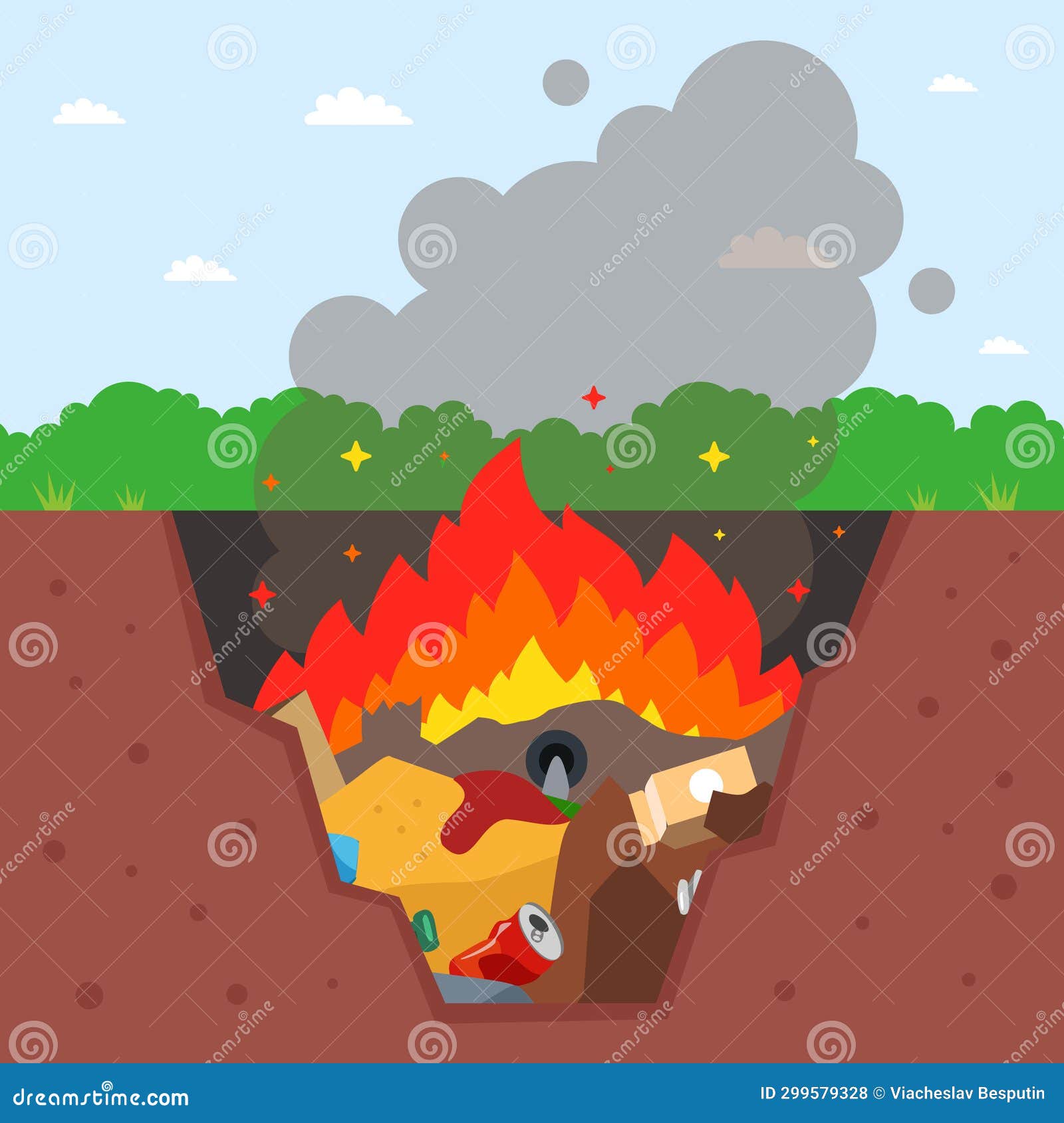 Pit with burning garbage. stock vector. Illustration of nature - 299579328