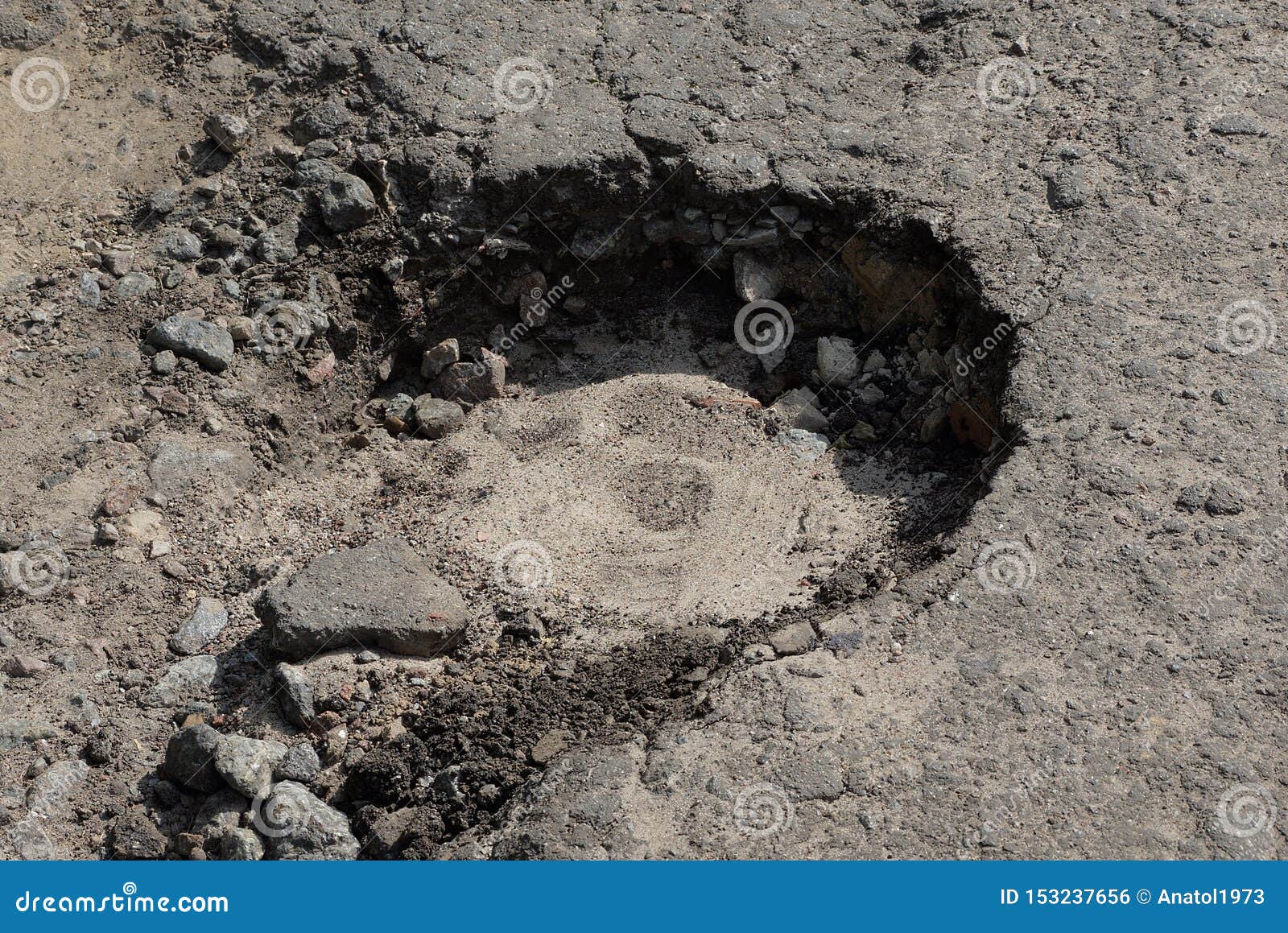 Pit with Sand and Stones on the Gray Asphalt Road Stock Photo - Image ...