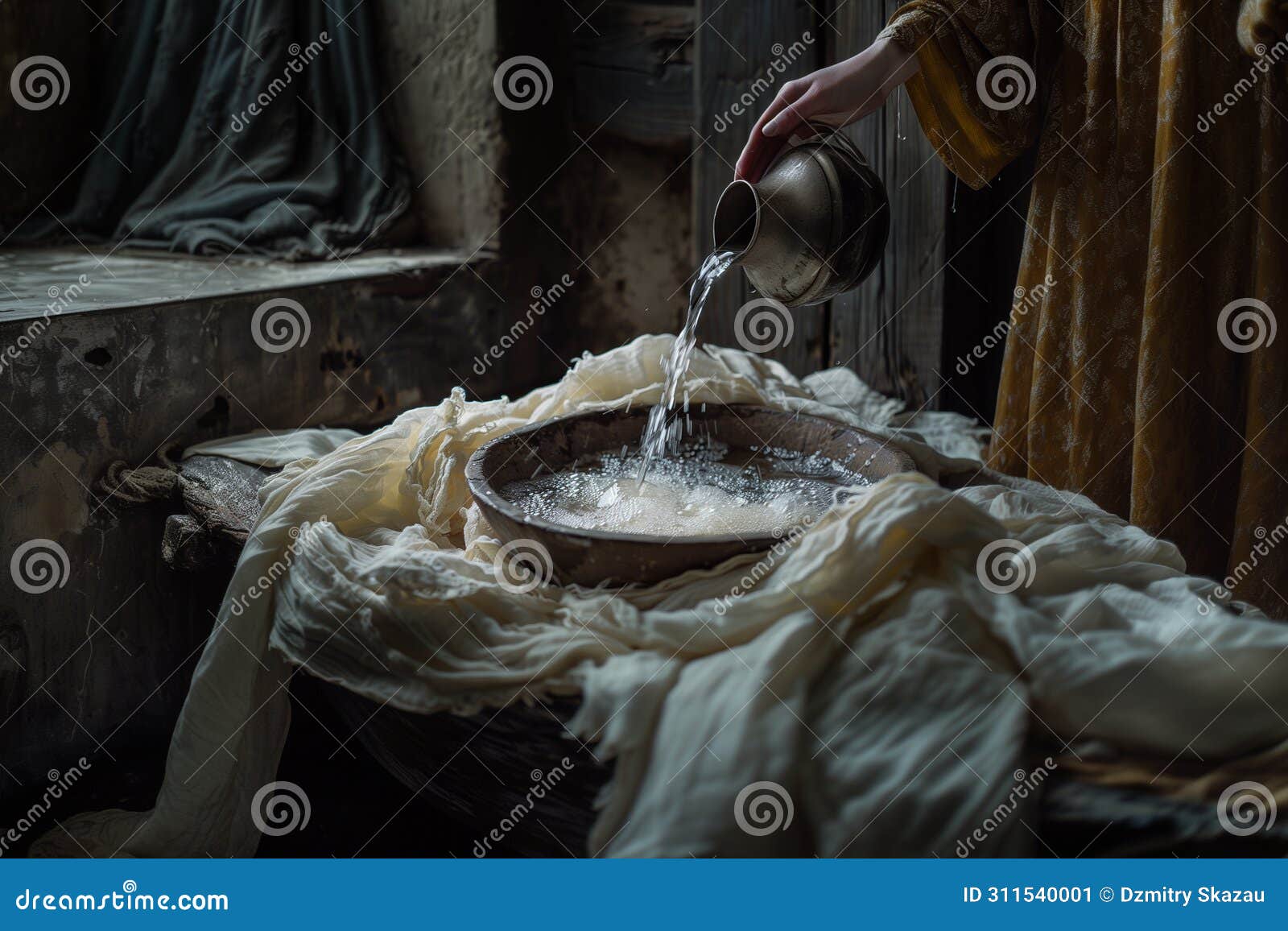 Pitcher Pouring Water into Basin with Linen Cloth Stock Image - Image ...