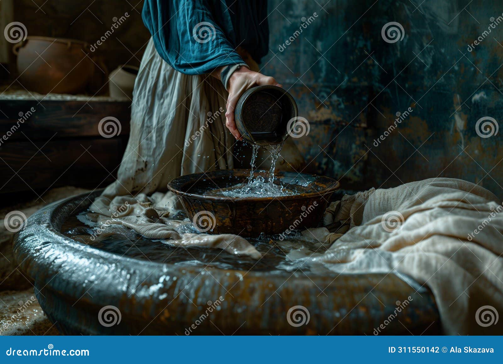 Pitcher Pouring Water into Basin with Linen Cloth Stock Illustration ...