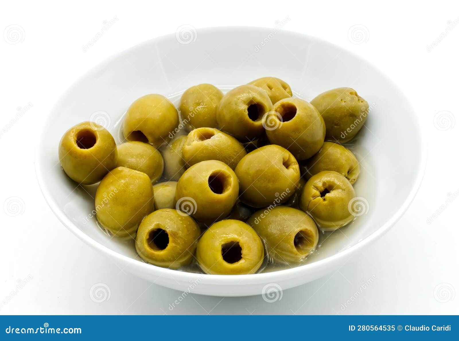 Pitted Green Olives in a Bowl Isolated on White Stock Image - Image of ...