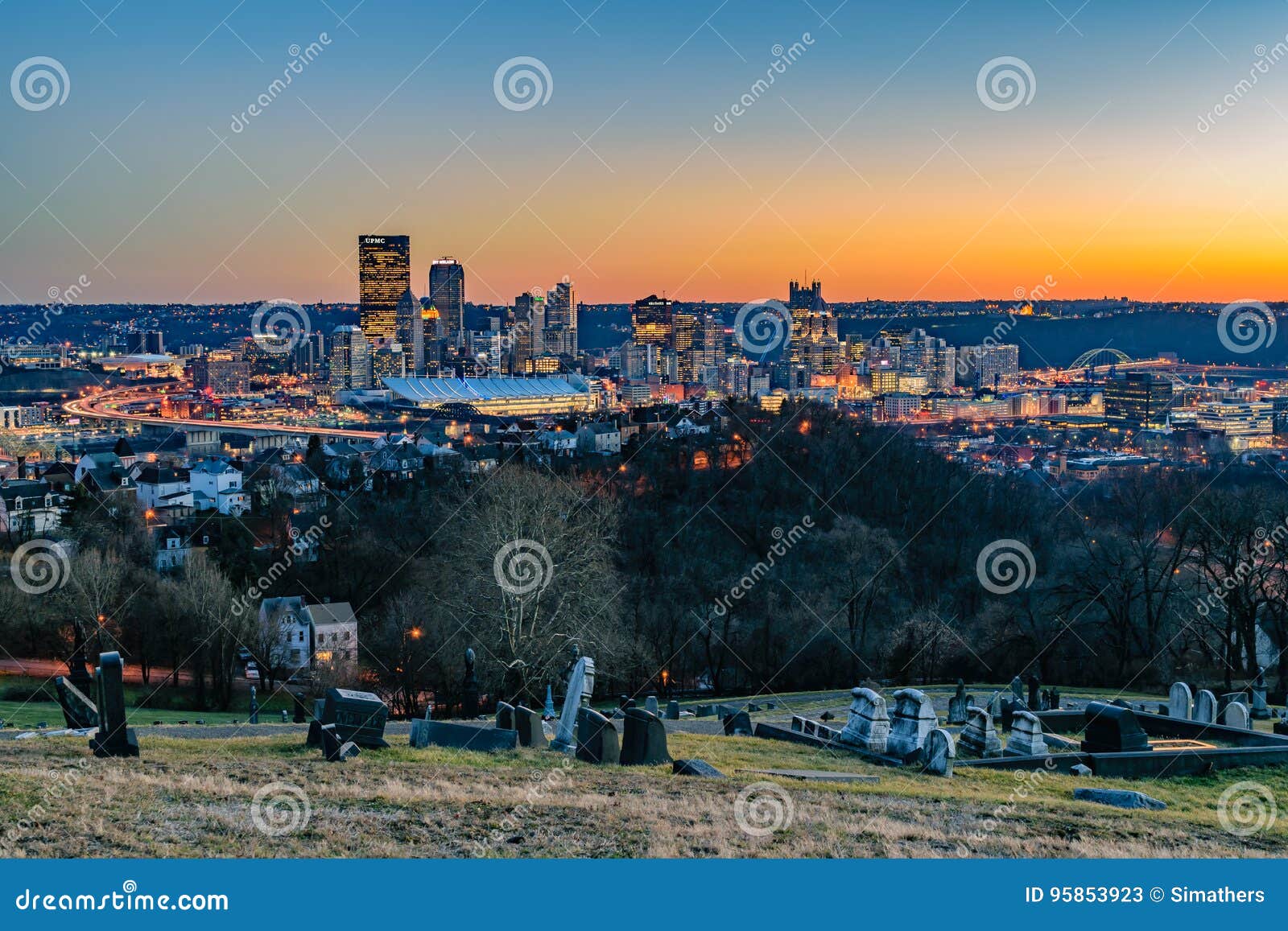 Pittsburgh Skyline at Sunset Editorial Stock Photo - Image of aerial ...