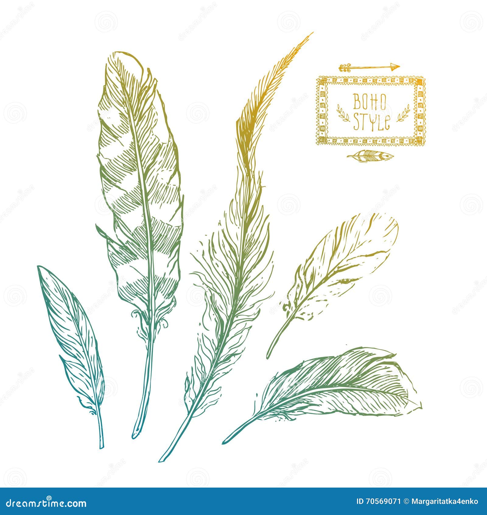 Piume disegnate a mano illustrazione vettoriale. Illustrazione di riga ...