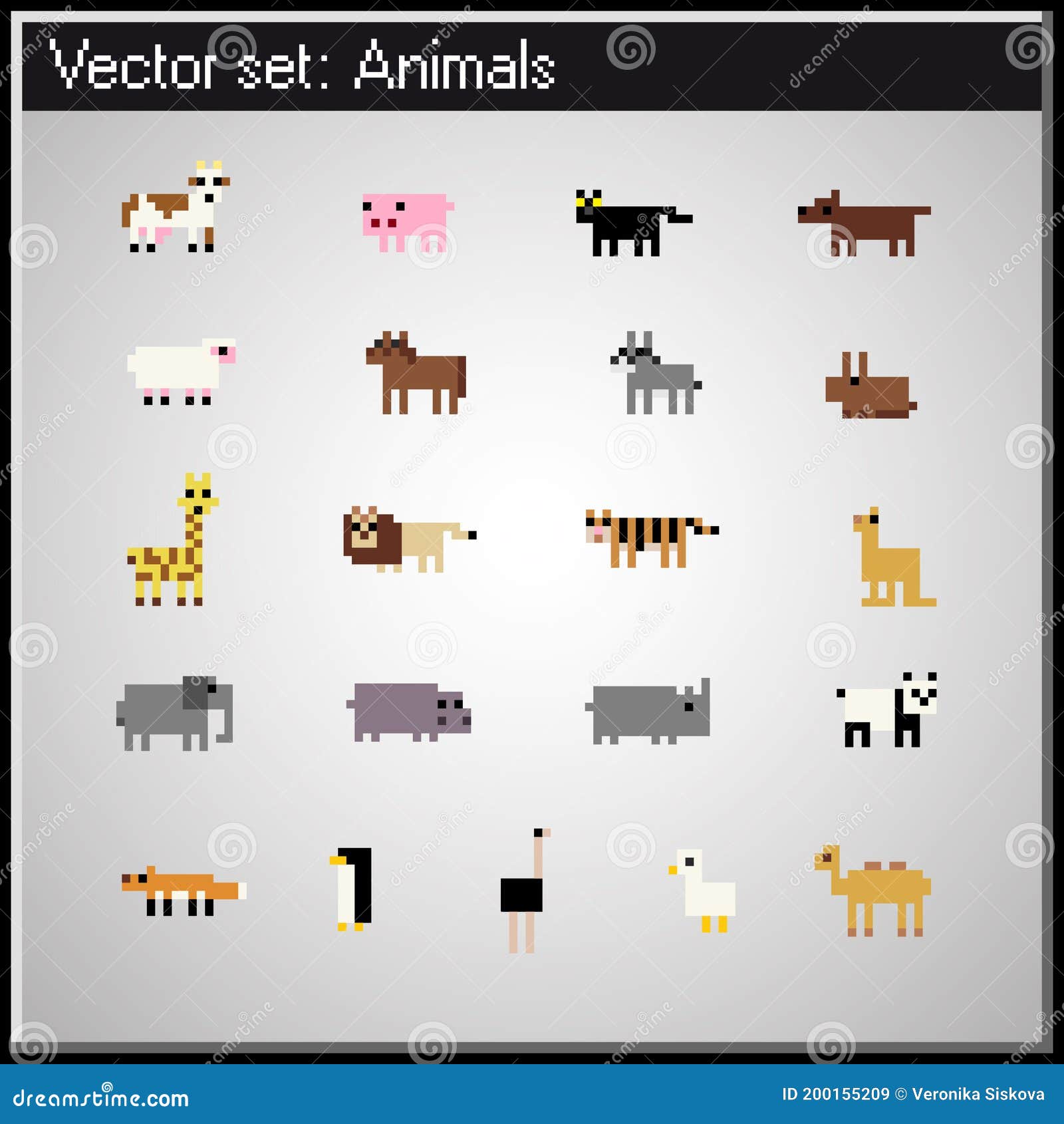 Pixel Art Animal Row With Wolf, Fox, Cheetah, Lion, Bison, And ...