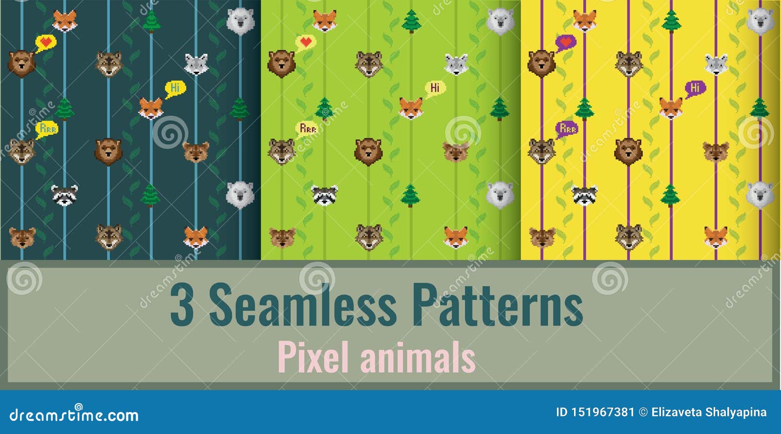Pixel animals in patterns stock vector. Illustration of cute - 151967381