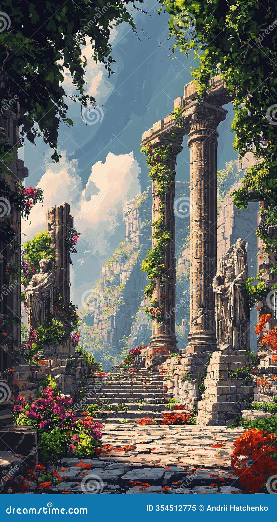 Pixel Art Ancient Ruins Set with Pillars Statues and Overgrown Plants ...