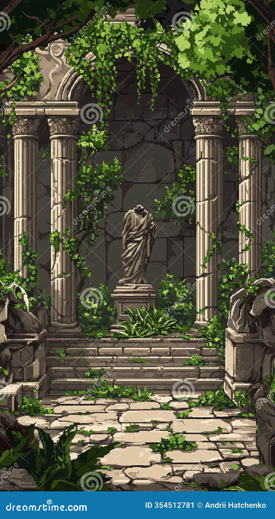 Pixel Art Ancient Ruins Set with Pillars Statues and Overgrown Plants ...