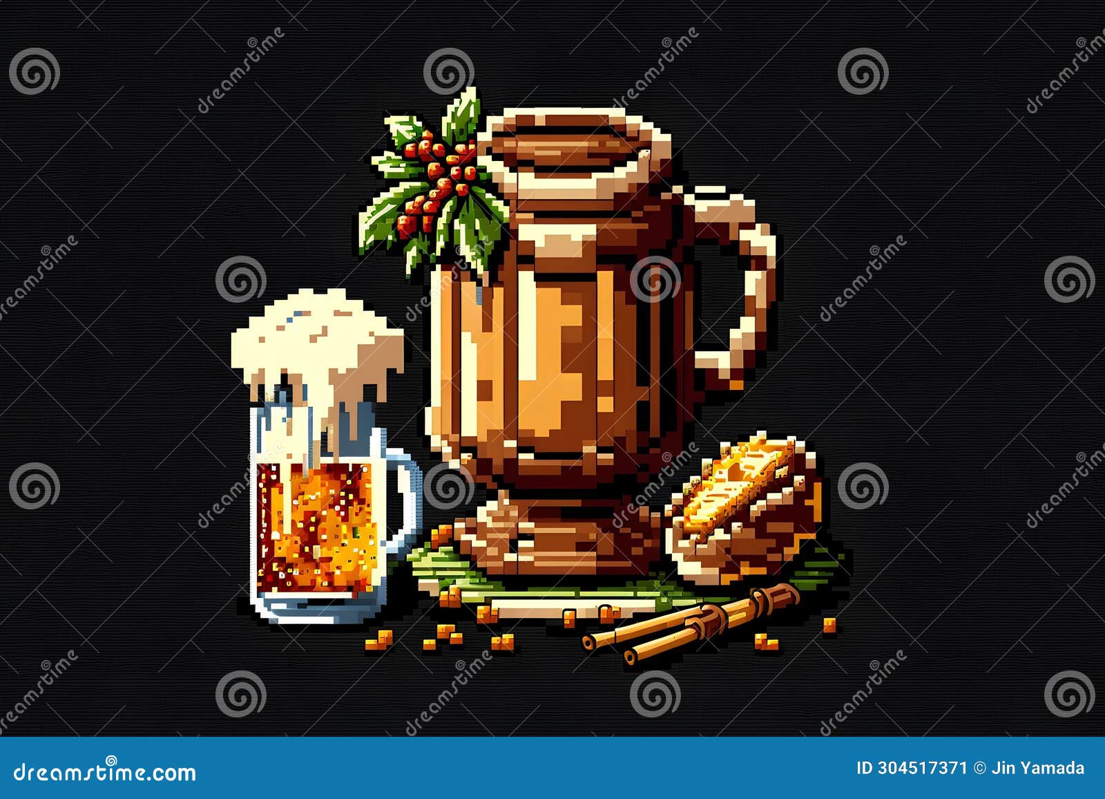 Pixel Art Beer Mug with Glass of Beer, Coffee Beans, Cinnamon Sticks ...