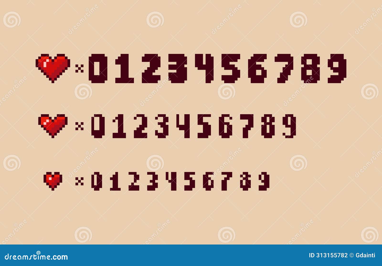 Pixel Art 8-bit Arcade Game Elements of Different Size Heart Icons and Numeric Alphabet. Loading ...