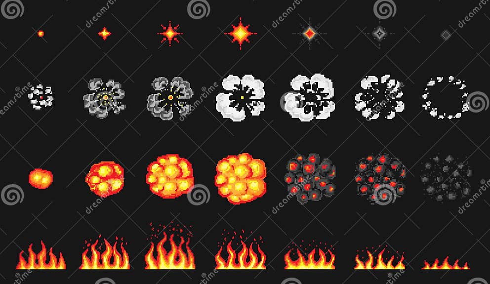 Pixel Art 8 Bit Fire Objects. Nuclear Explosion. Game Icons Set. Comic ...