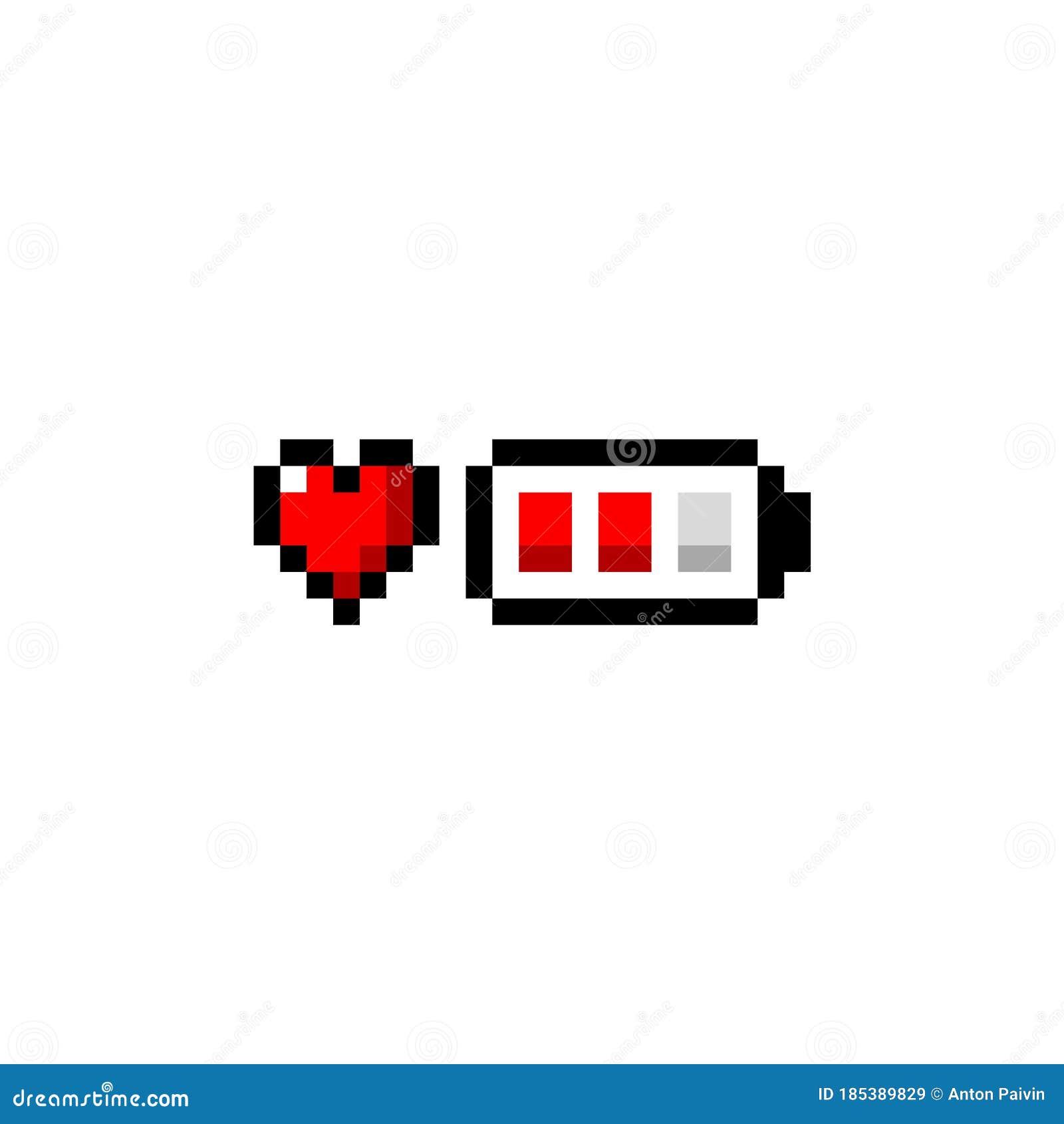 Pixel Art 8-bit Heart and Battery Red Icon 8-bit - Isolated Vector ...