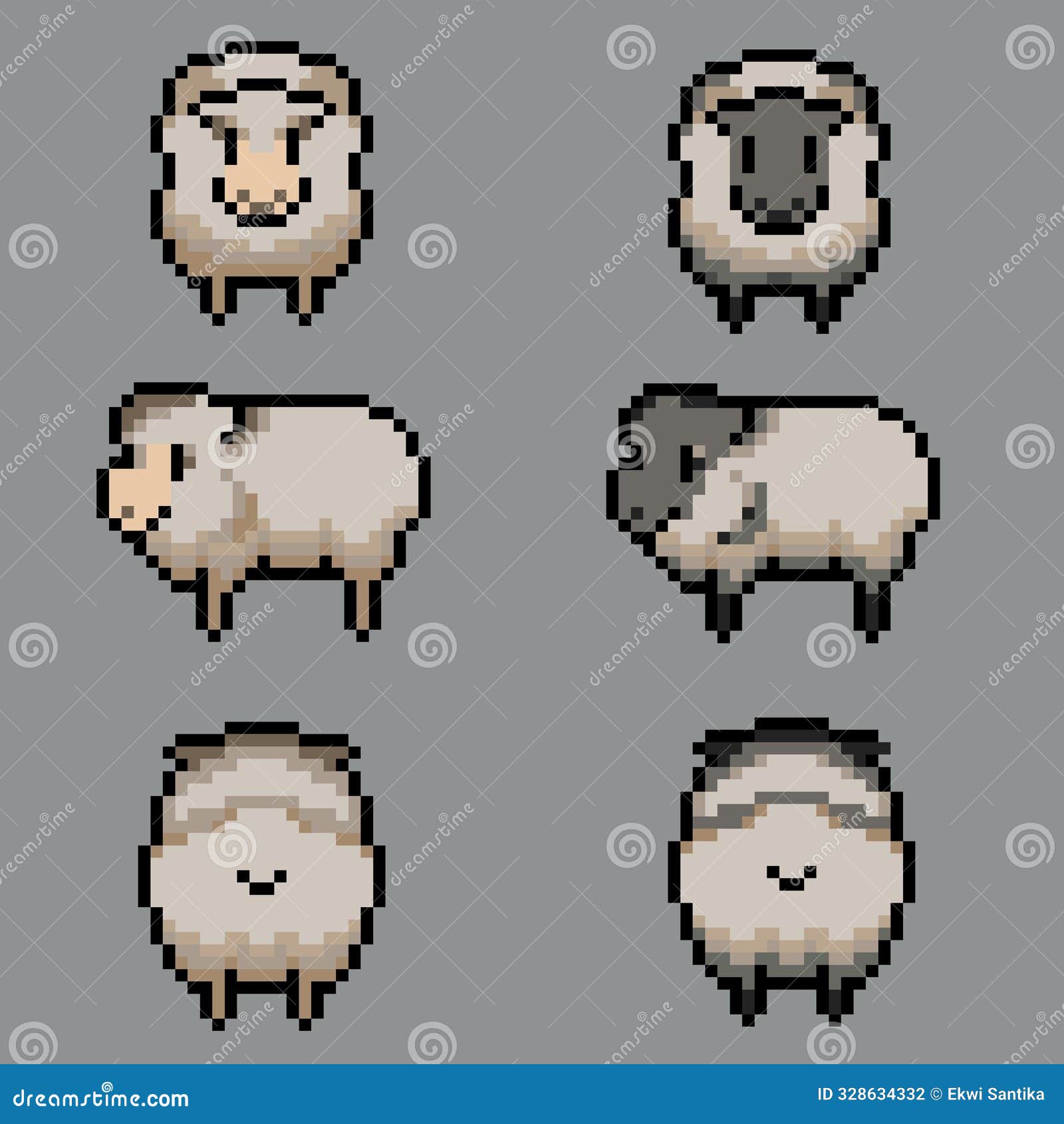 Pixel Art 1 Bit of Sheep. Picture of Sheep from Front, Side and Back ...