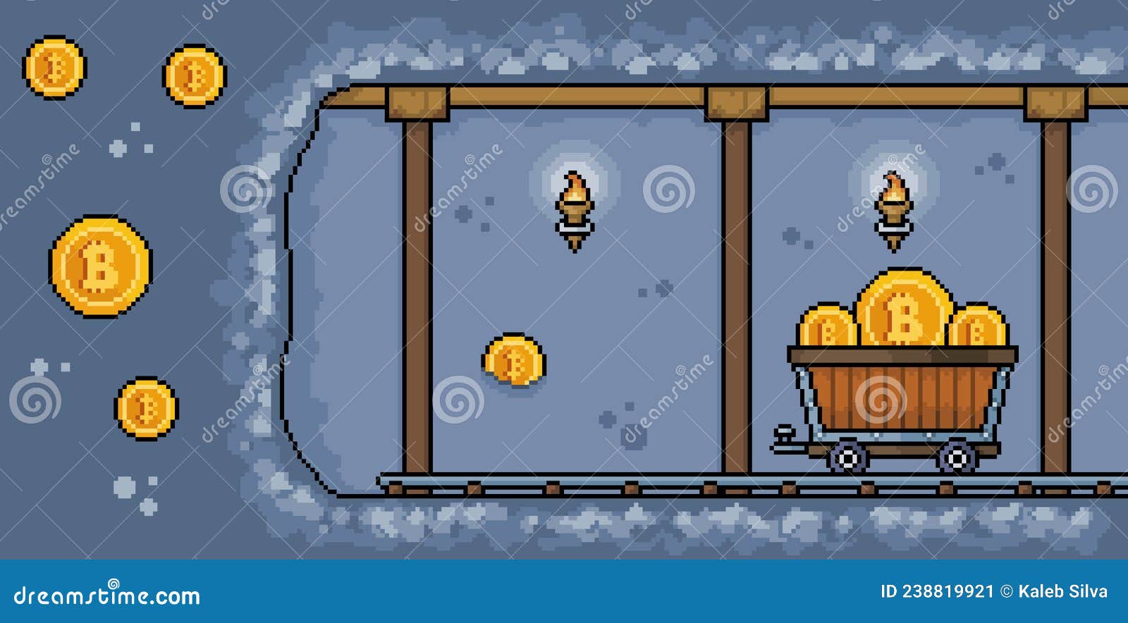 Pixel Art Bitcoin Mine with Mining Cart Background 8bit Stock Vector ...