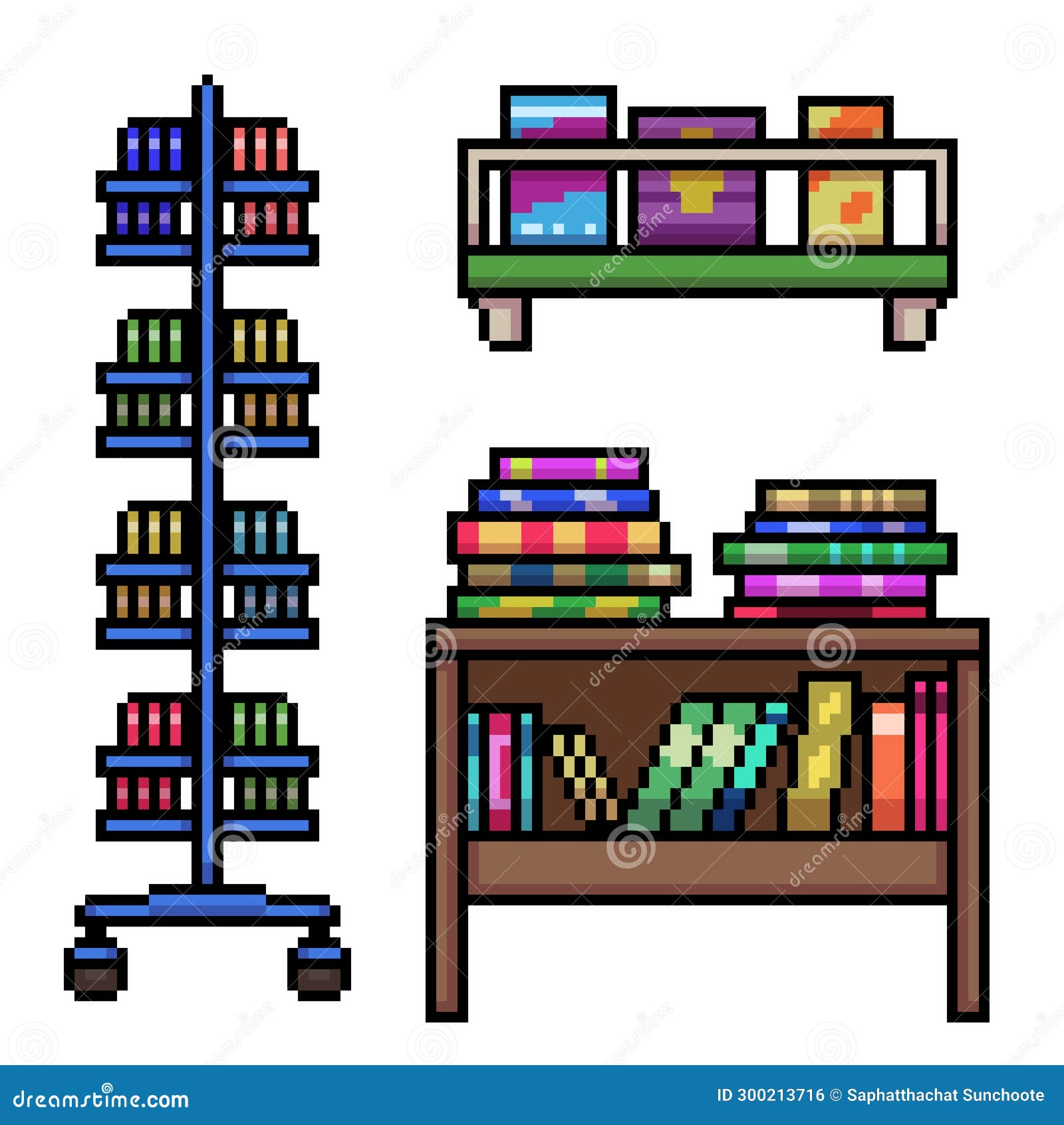 Pixel art book shelf desk stock vector. Illustration of library - 300213716