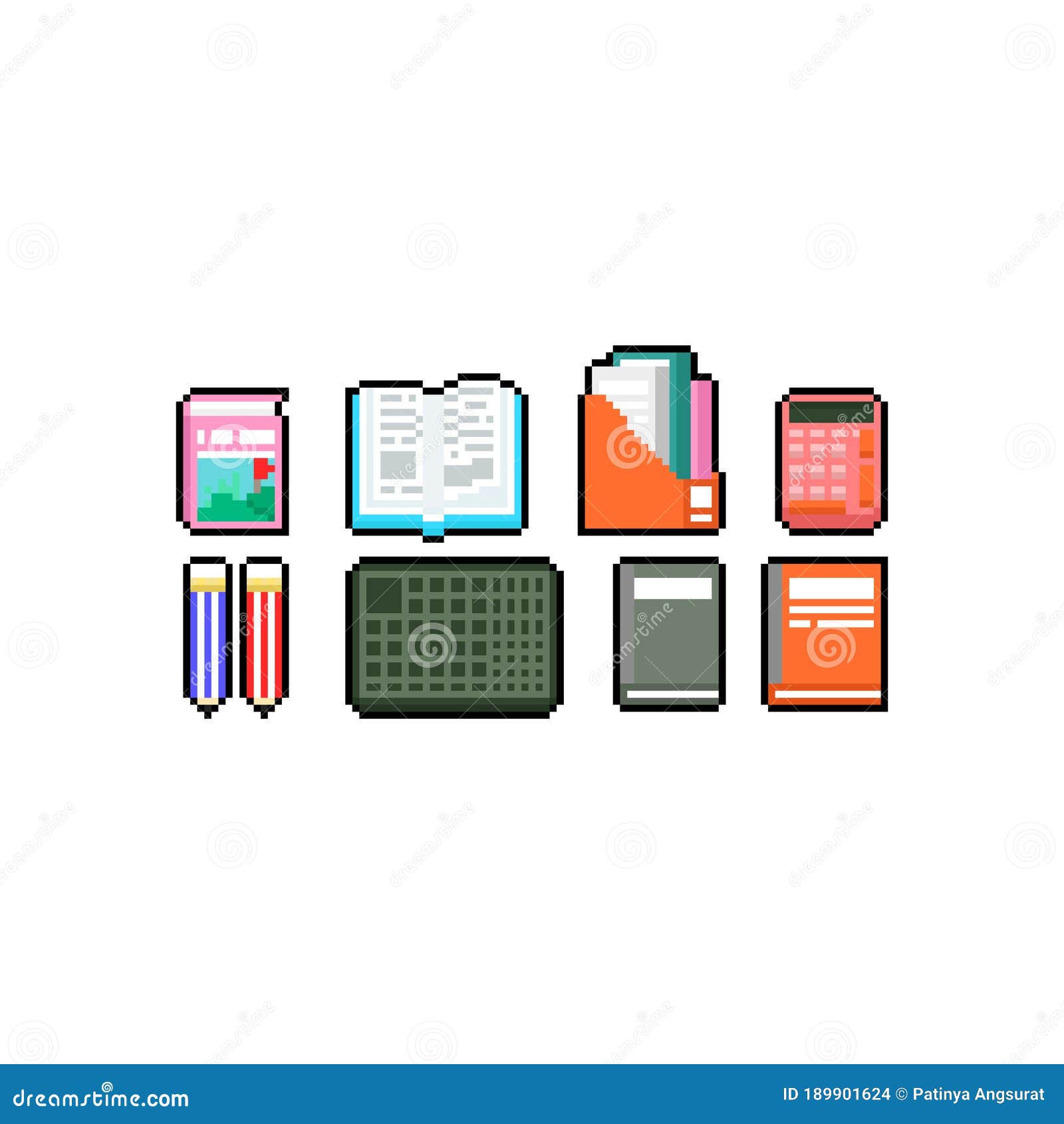 Pixel Art Book and Stationery Icon Design Set. Stock Vector ...