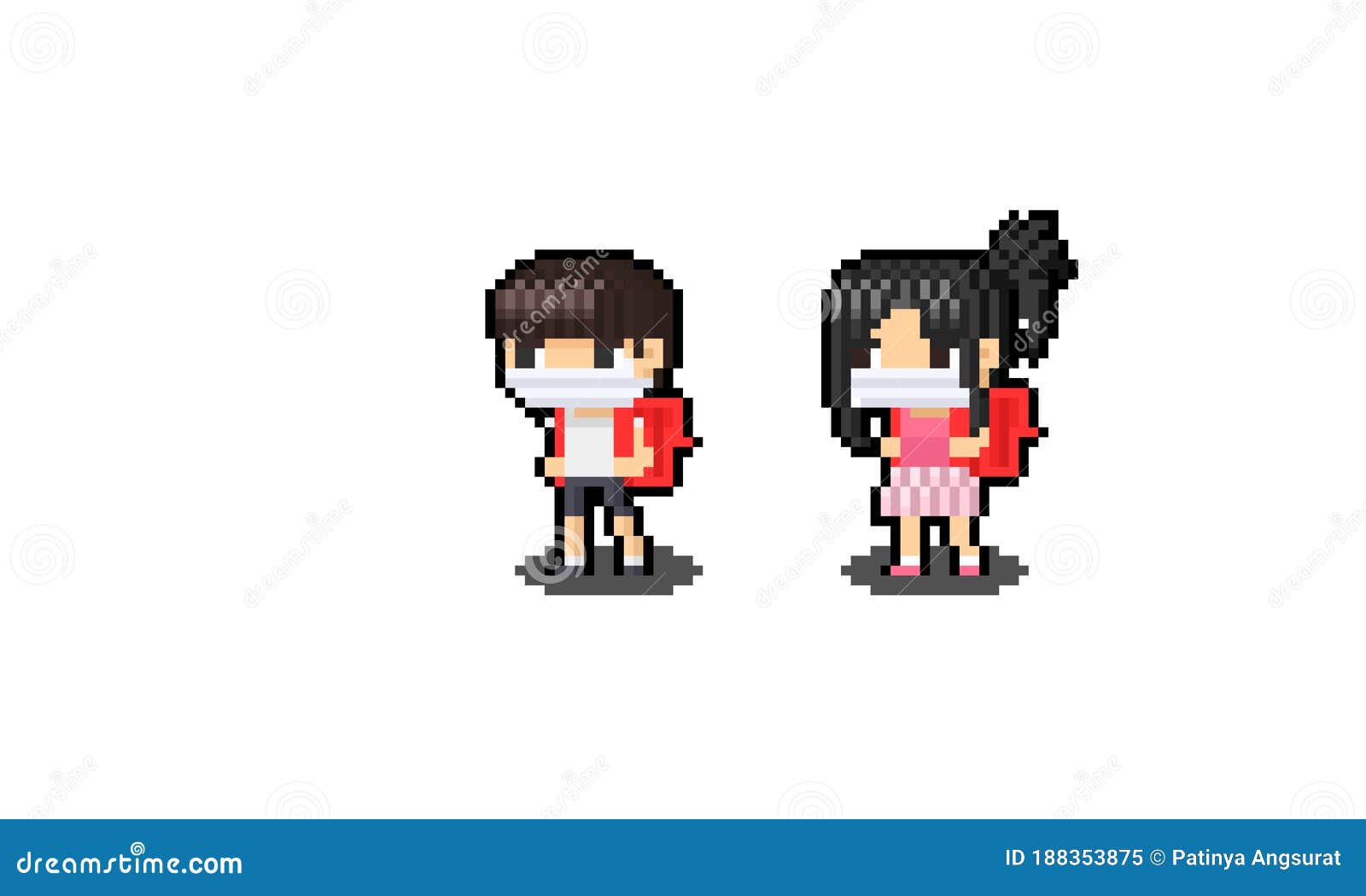 Pixel Art Cartoon Asian Child Character with Red Backpack. Stock Vector ...