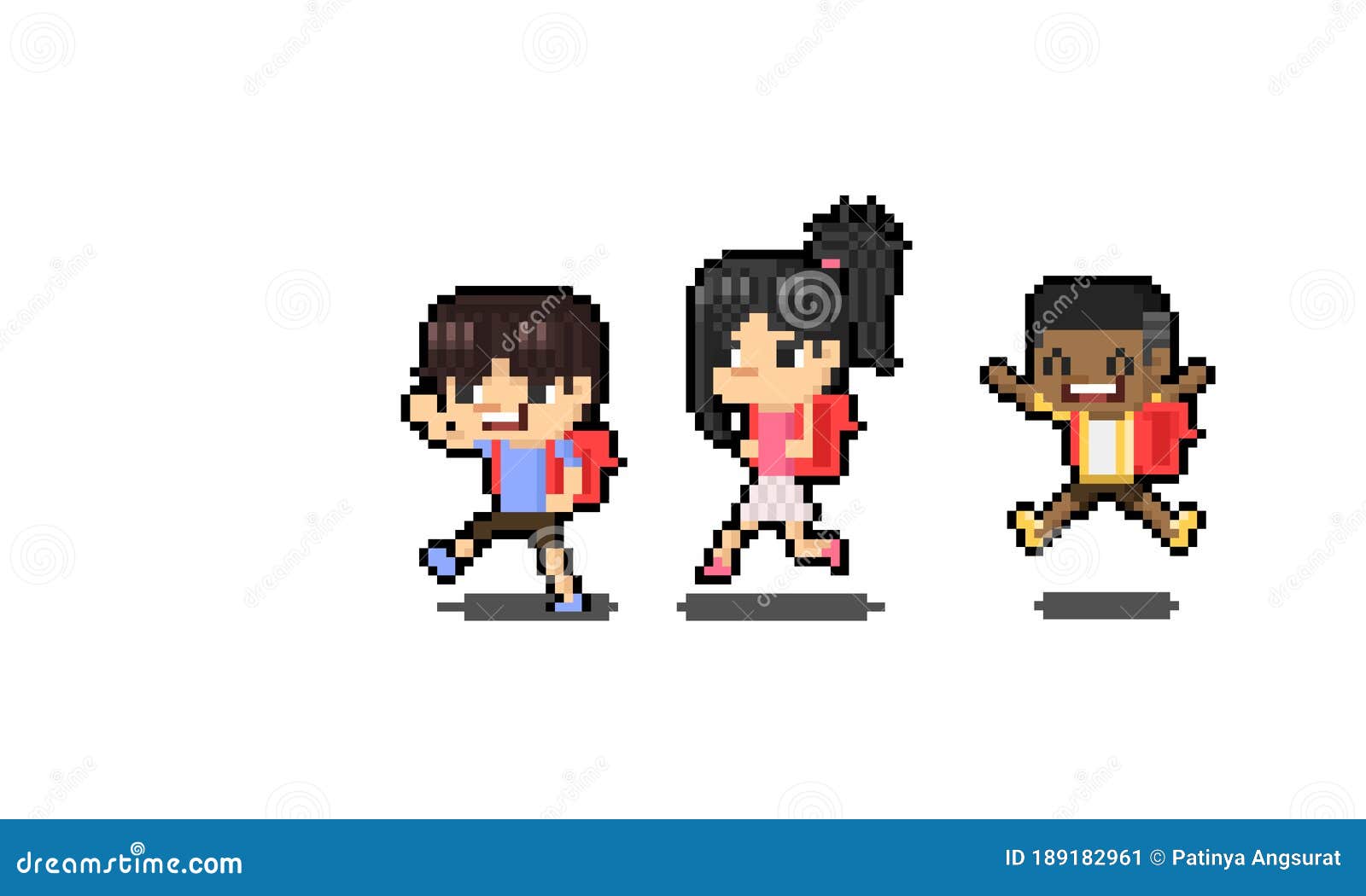 Pixel Art Cartoon Happy Children Character with Red Backpack. Stock ...