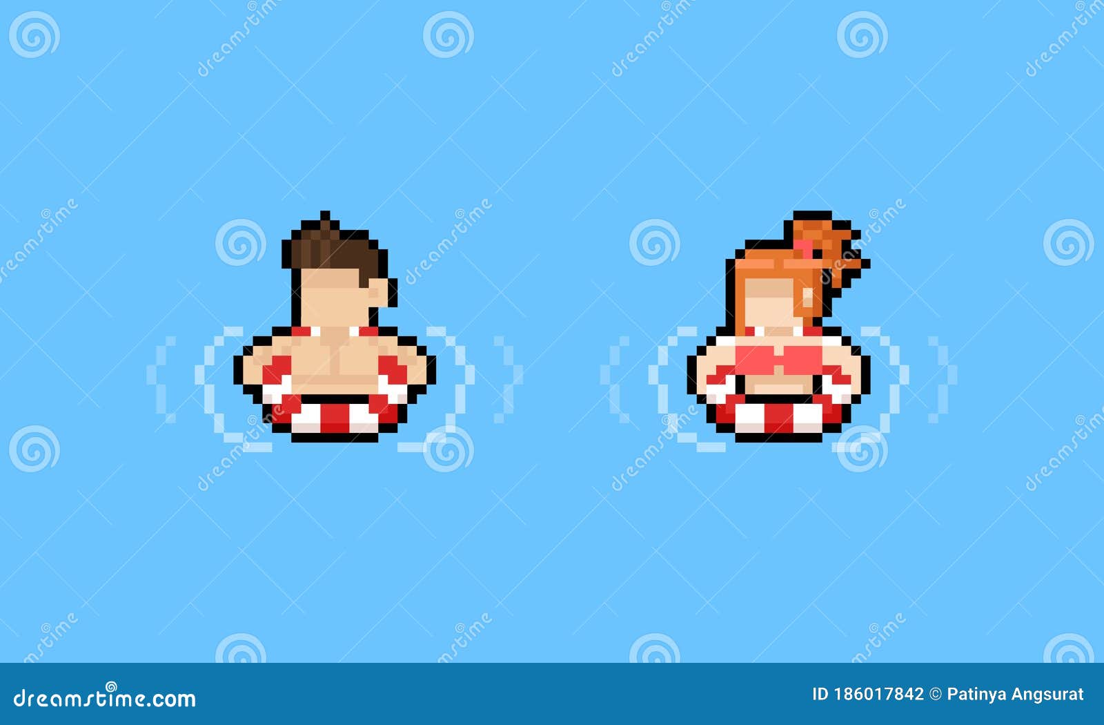 Pixel Art Cartoon People on Swim Ring with Water Effect. Stock Vector ...