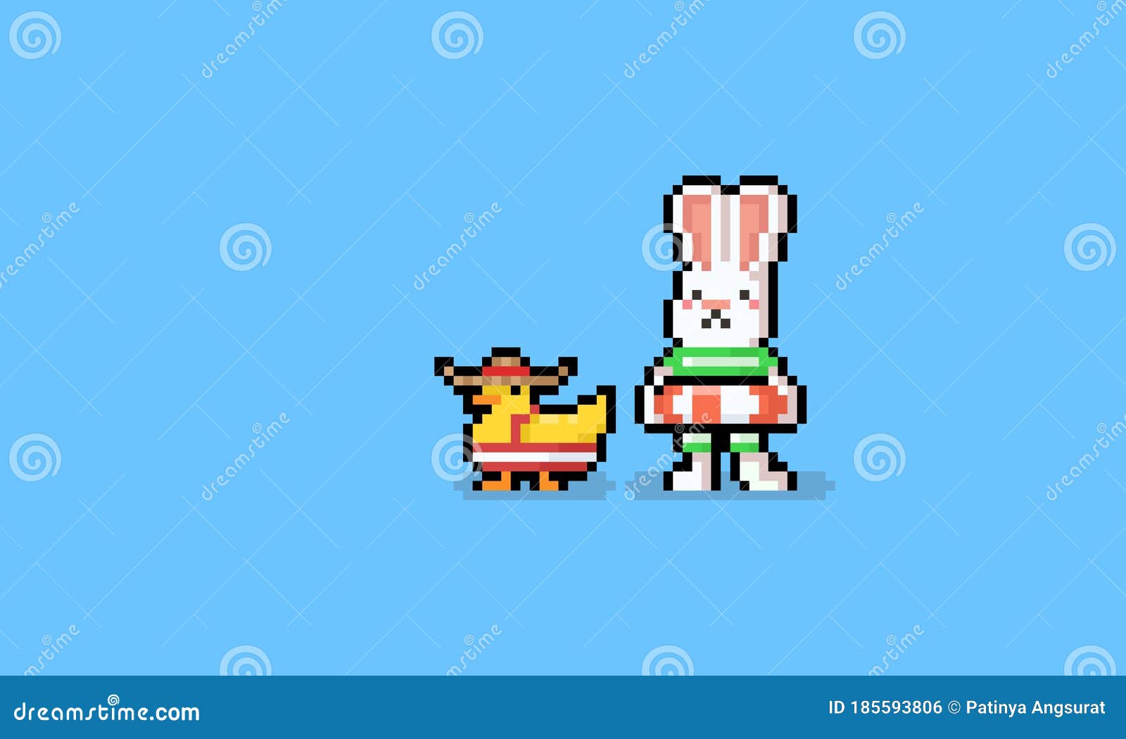 Pixel Art Cartoon Summer Rabbit with Duck Character.8bit. Stock Vector ...