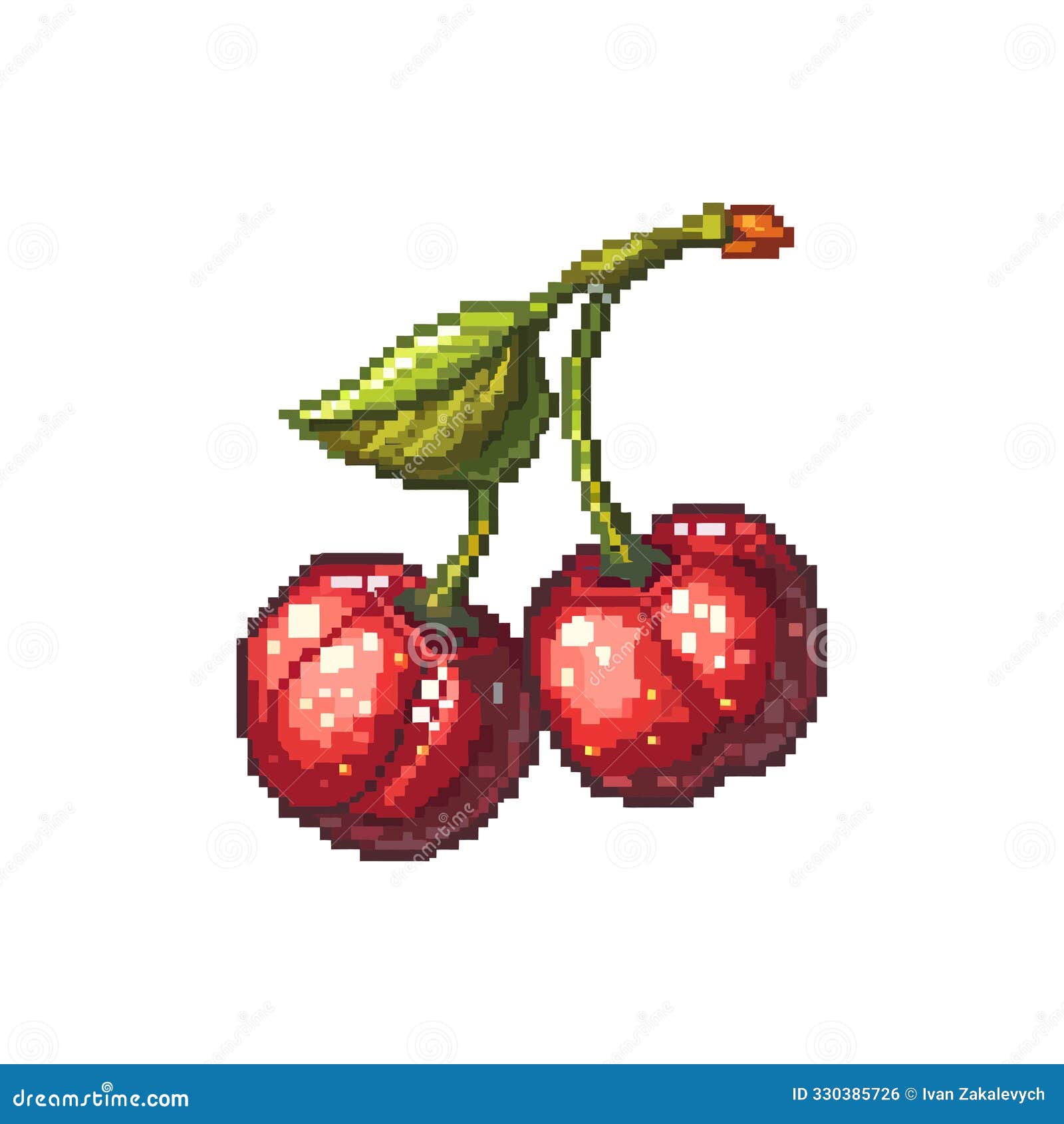 Pixel Art Cherries with Green Leaf. Vector Icon Design Stock ...