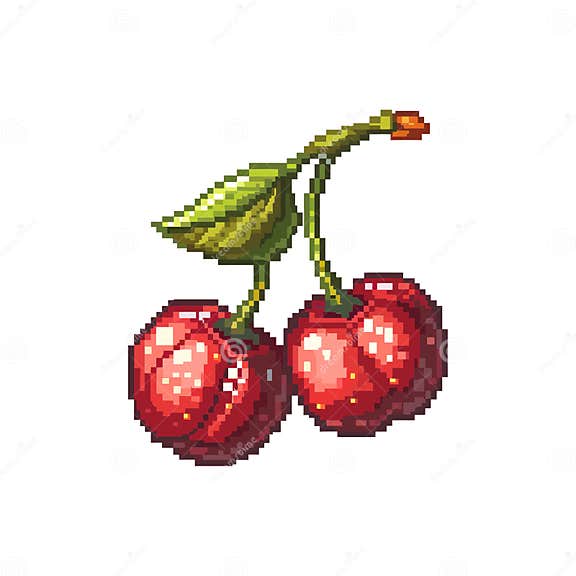 Pixel Art Cherries with Green Leaf. Vector Icon Design Stock ...