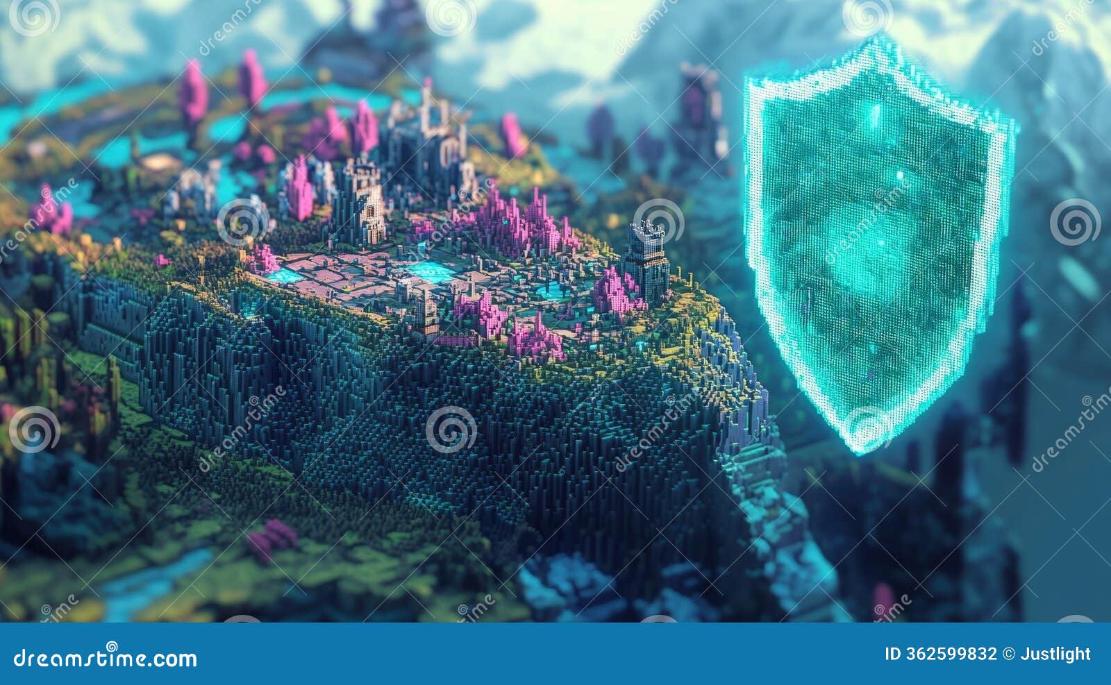Pixel Art City Protected by Glowing Digital Shield, Cybersecurity ...