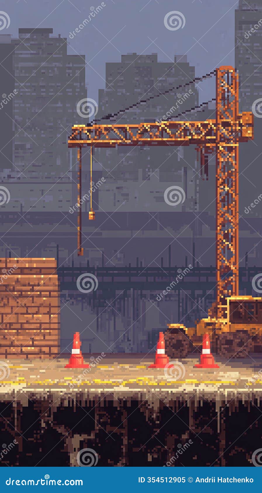 Pixel Art Construction Set with Cranes Bricks and Safety Cones. Stock ...