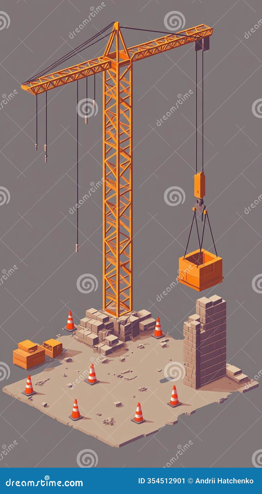 Pixel Art Construction Set with Cranes Bricks and Safety Cones. Stock ...