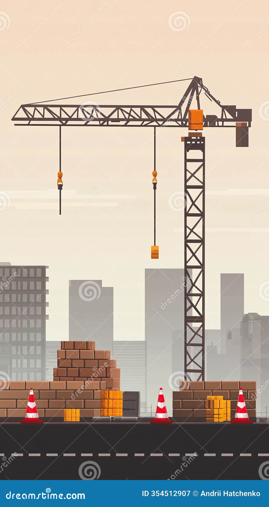 Pixel Art Construction Set with Cranes Bricks and Safety Cones. Stock ...