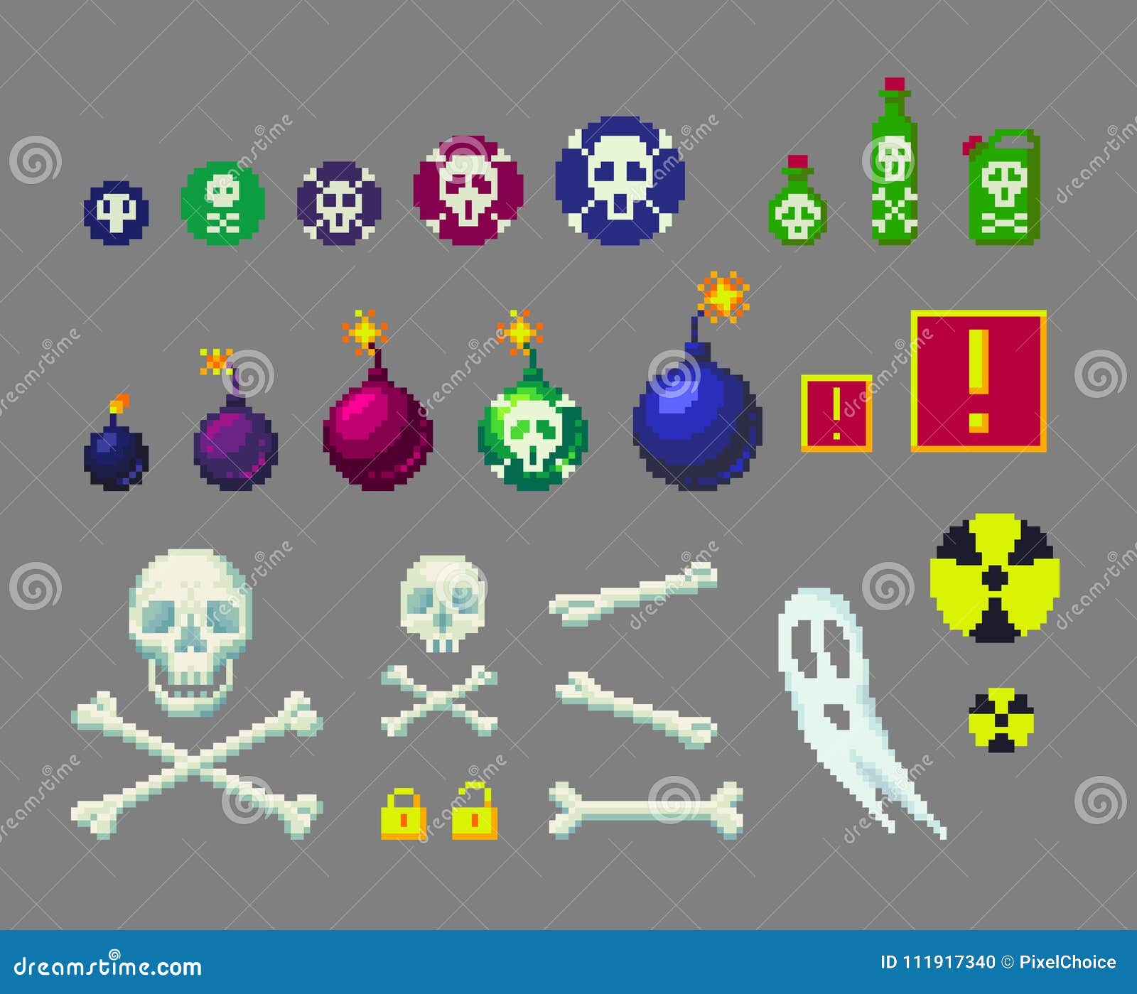 Pixel Art Danger Icons Set. Stock Vector - Illustration of danger, icon ...