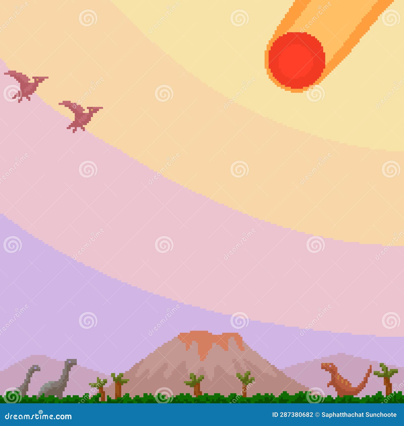 Pixel Art Dinosaur and Meteor Stock Vector - Illustration of animal ...