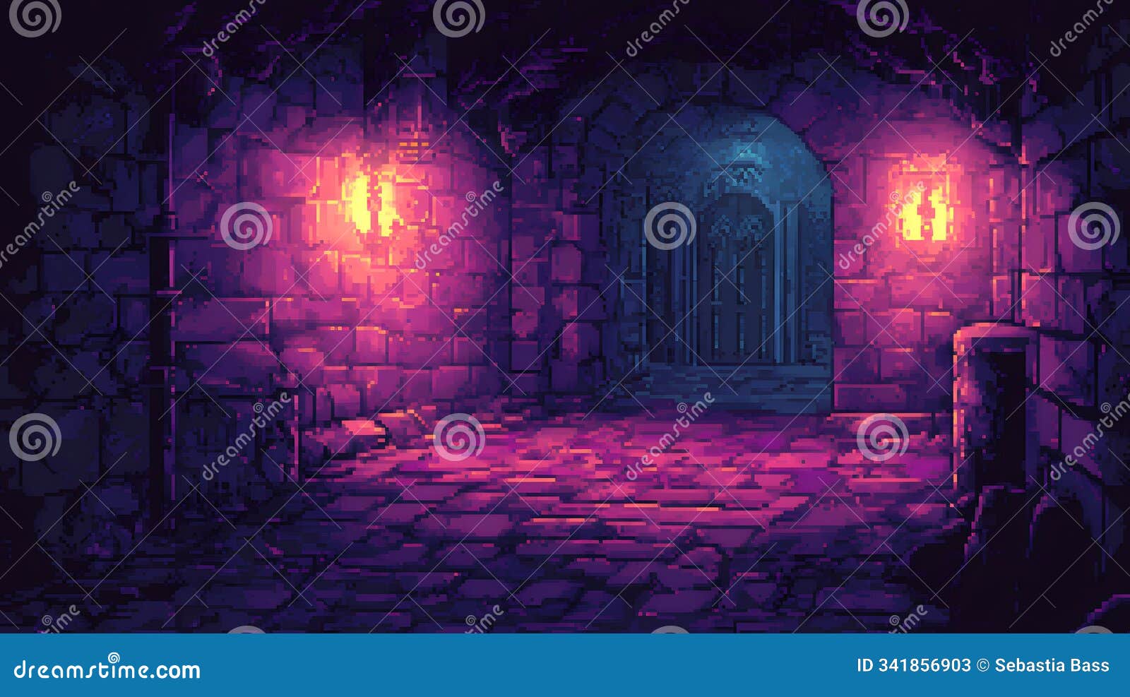 Pixel Art Dungeon Scene With Glowing Archway For Video Game Background ...