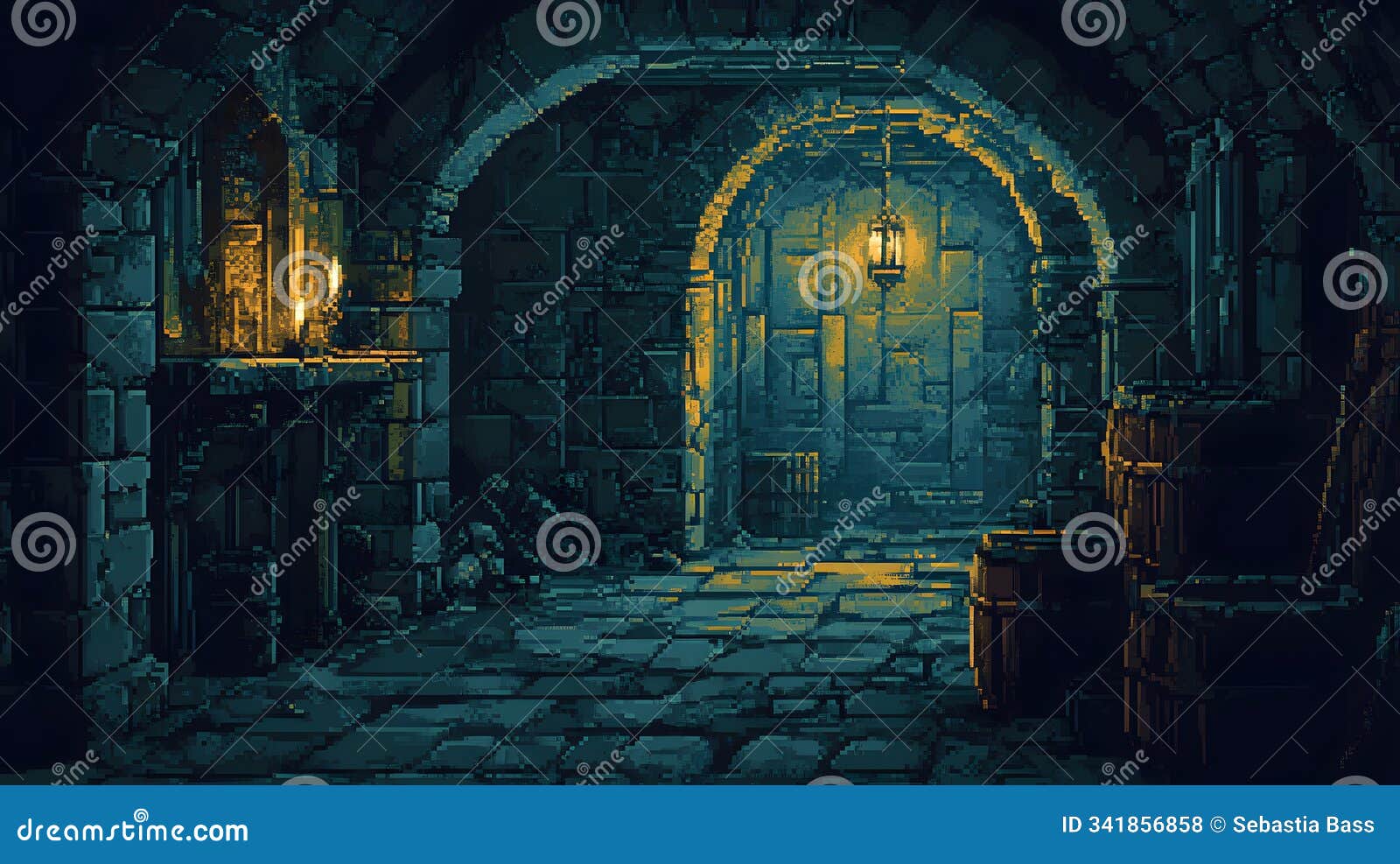 Pixel Art Dungeon Scene With Glowing Archway For Video Game Background ...