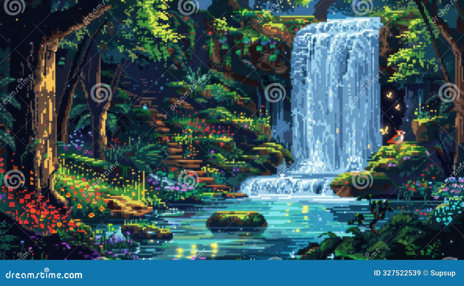 Pixel Art Enchanted Waterfall Scene For Game Background Design And ...