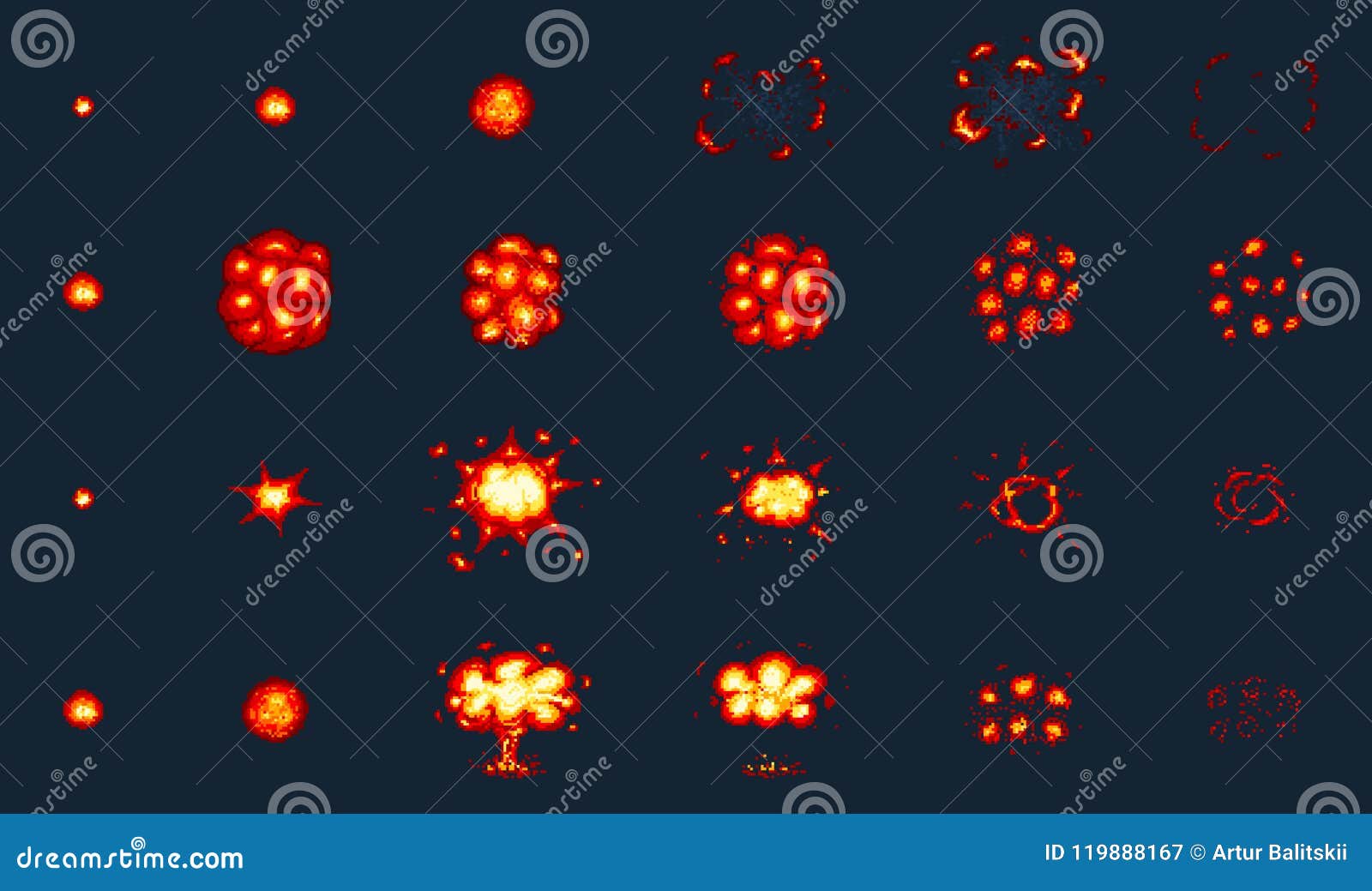 Pixel Art Explosions. Game Icons Set. Comic Boom Flame Effects For ...