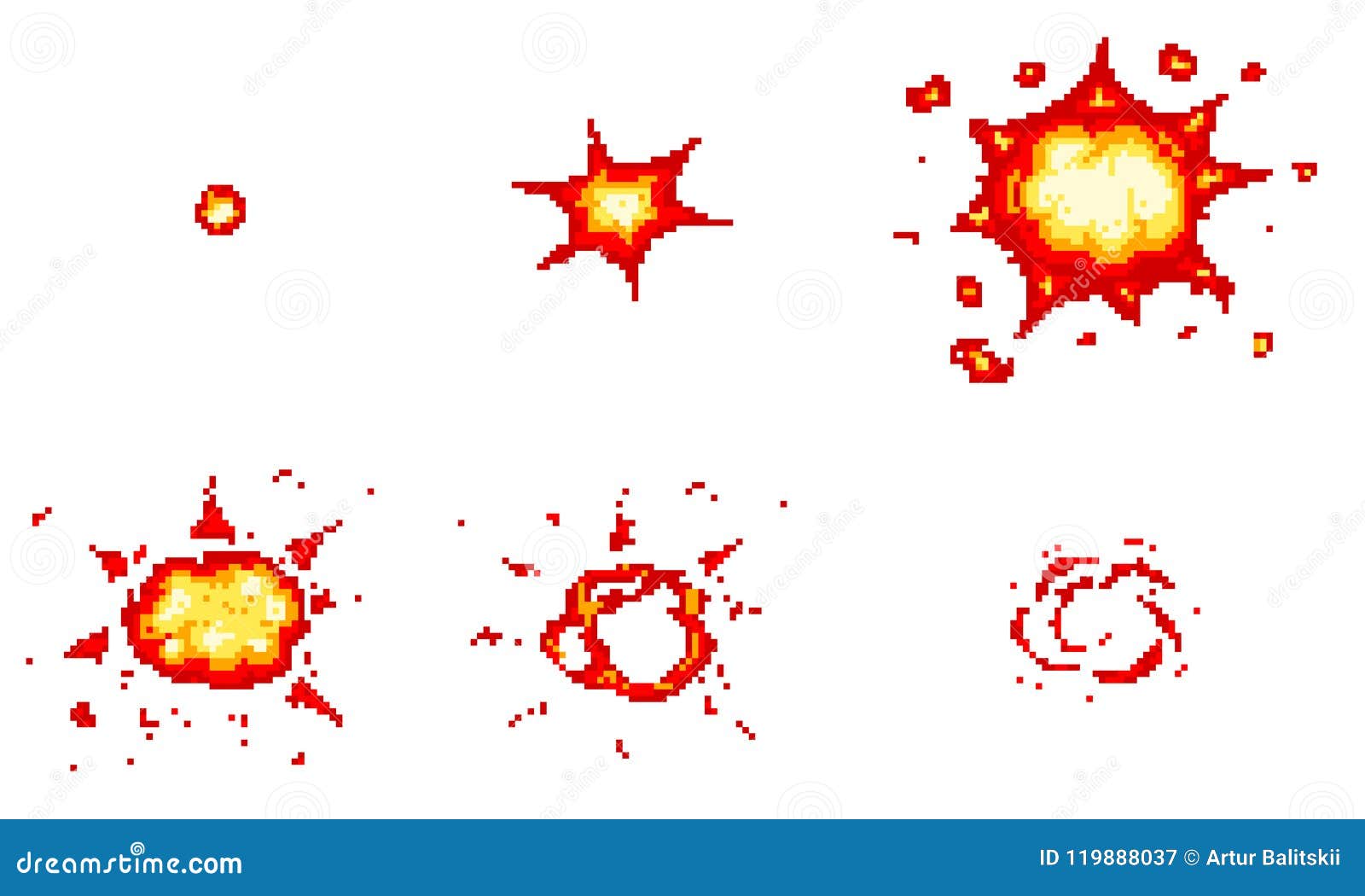 Pixel Art Explosions. Game Icons Set. Comic Boom Flame Effects For ...