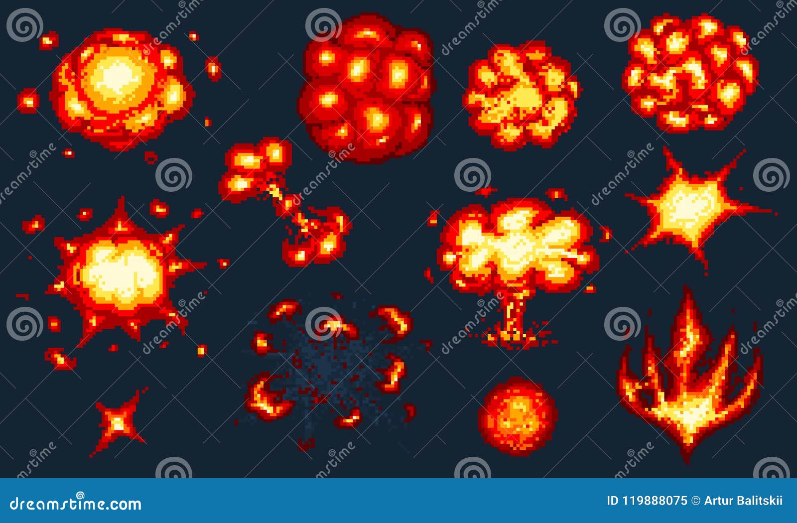 Pixel Art Explosions. Game Icons Set. Comic Boom Flame Effects for ...