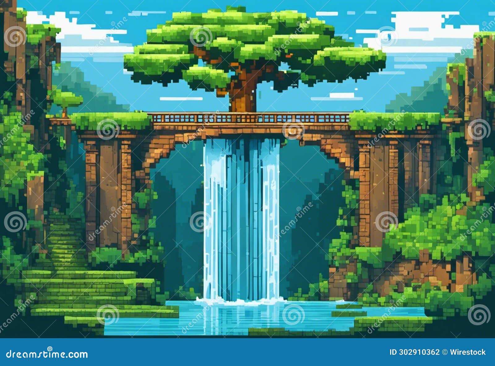 Pixel Art of a Fantasy Bridge with Falling Water, a Bright Blue Sky ...