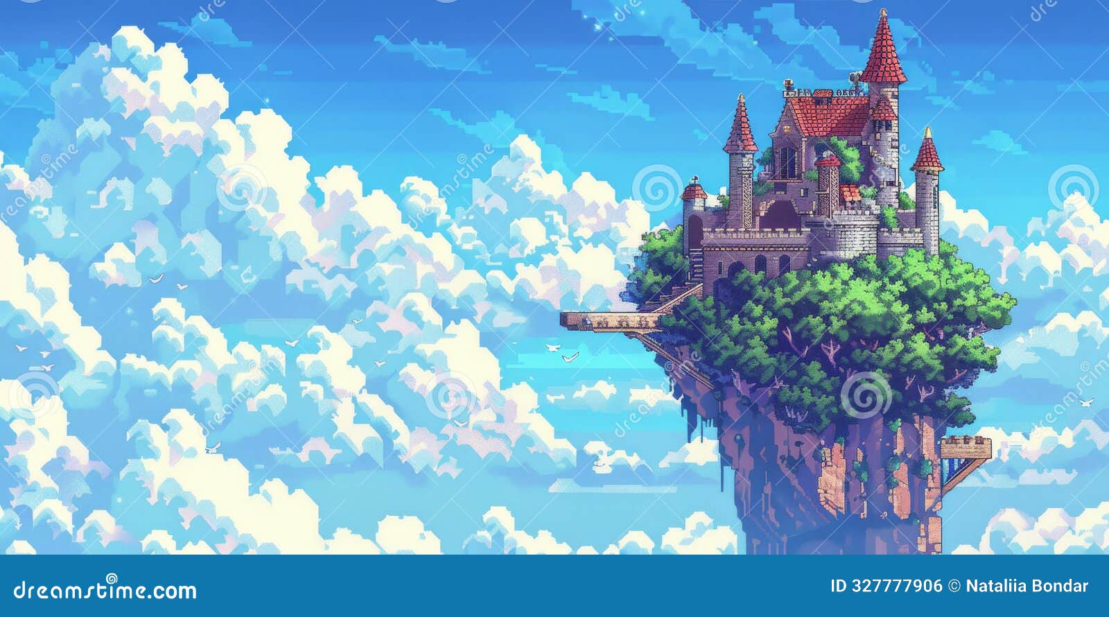 Pixel Art Floating Castle in the Sky. Fantasy Pixeled Kingdom Stock ...