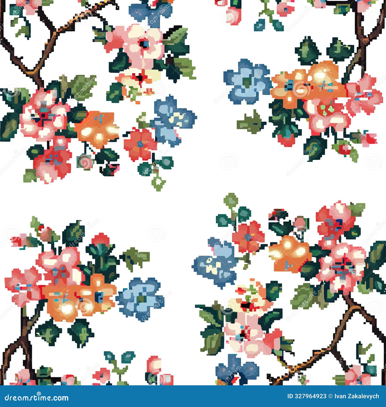 Pixel Art Floral Pattern with Colorful Blossoms. Vector Illustration ...