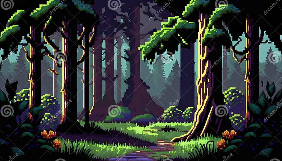 Pixel Art Forest Background. Vector Illustration of a Fantasy Forest ...