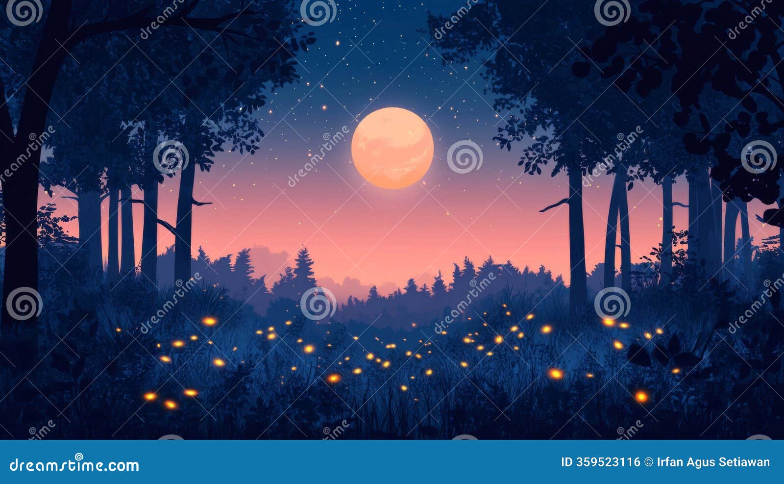 Pixel Art Forest Night Scene with Full Moon and Fireflies Stock ...