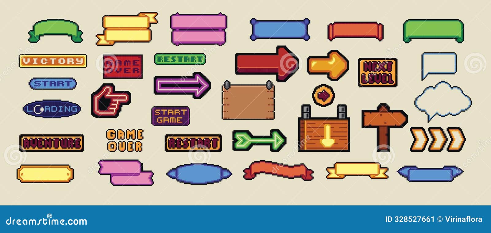 Pixel Art Frames. Retro 8 Bit Buttons, Arrows, Speech Bubble Messages ...