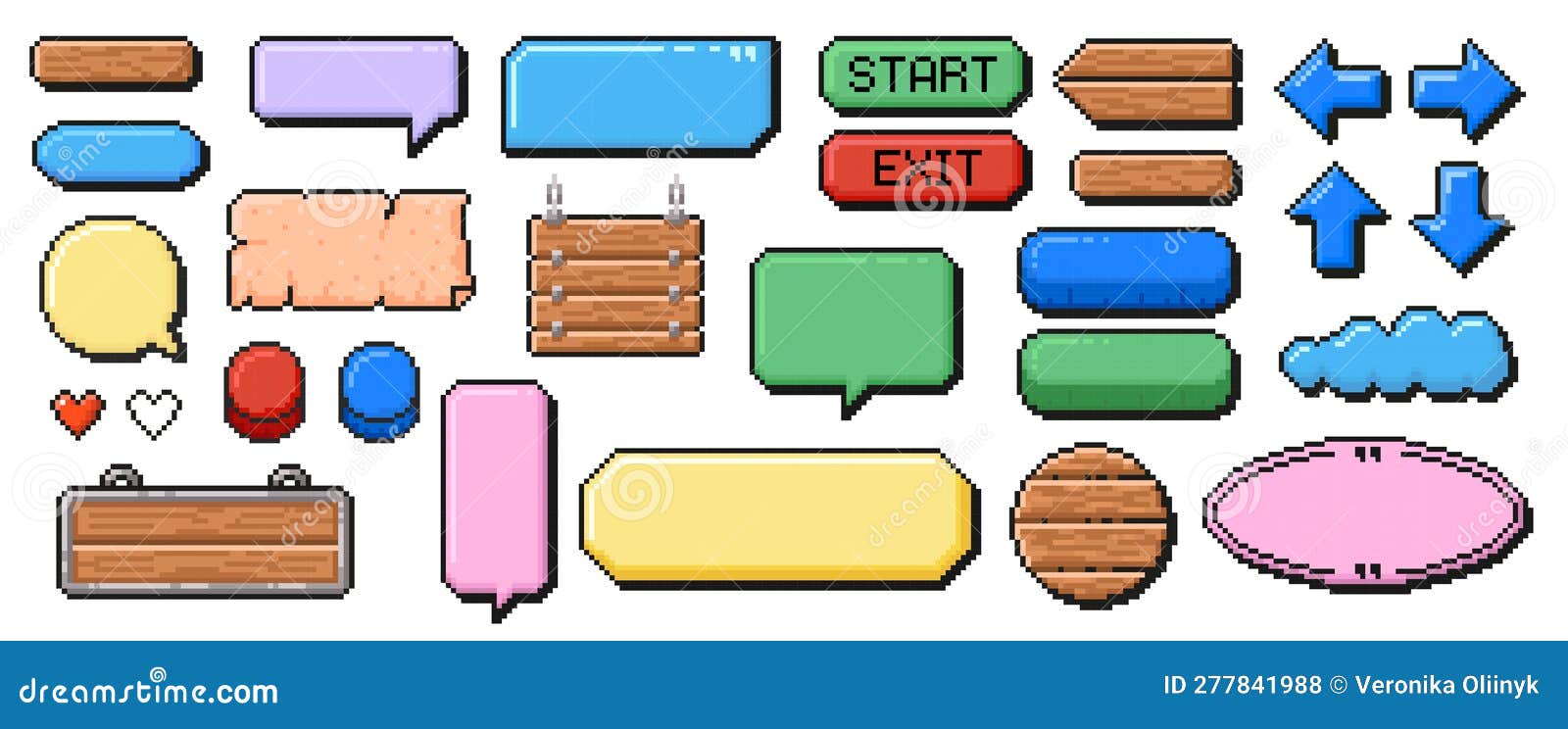 Pixel Art Frames. Retro 8 Bit Buttons, Arrows, Speech Bubble Messages ...