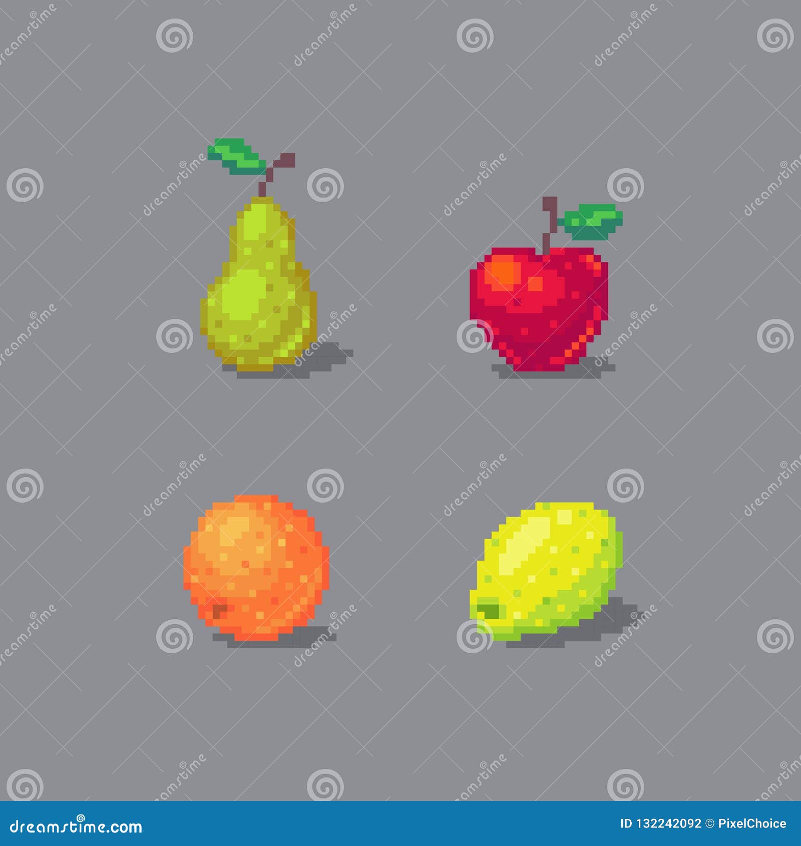 Pixel Art Fruits Set Isolated On Gray Background. Vector Illustration ...