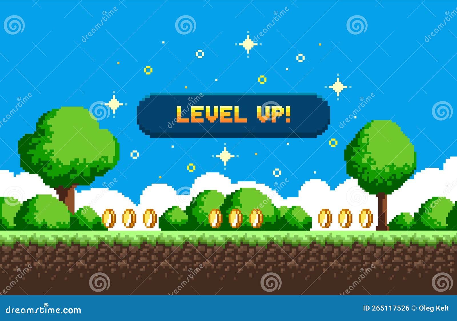 Pixel Art Game Background with Button Level Up. Game Design Concept in ...