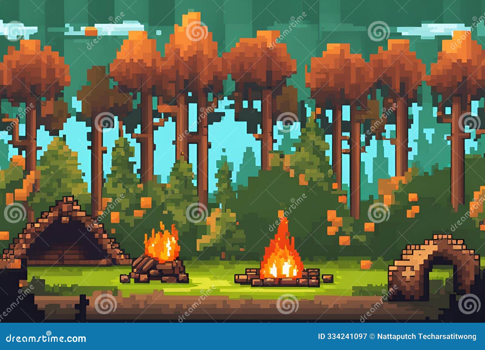 Pixel Art Game Background with a Camp Fire in the Forest Stock ...